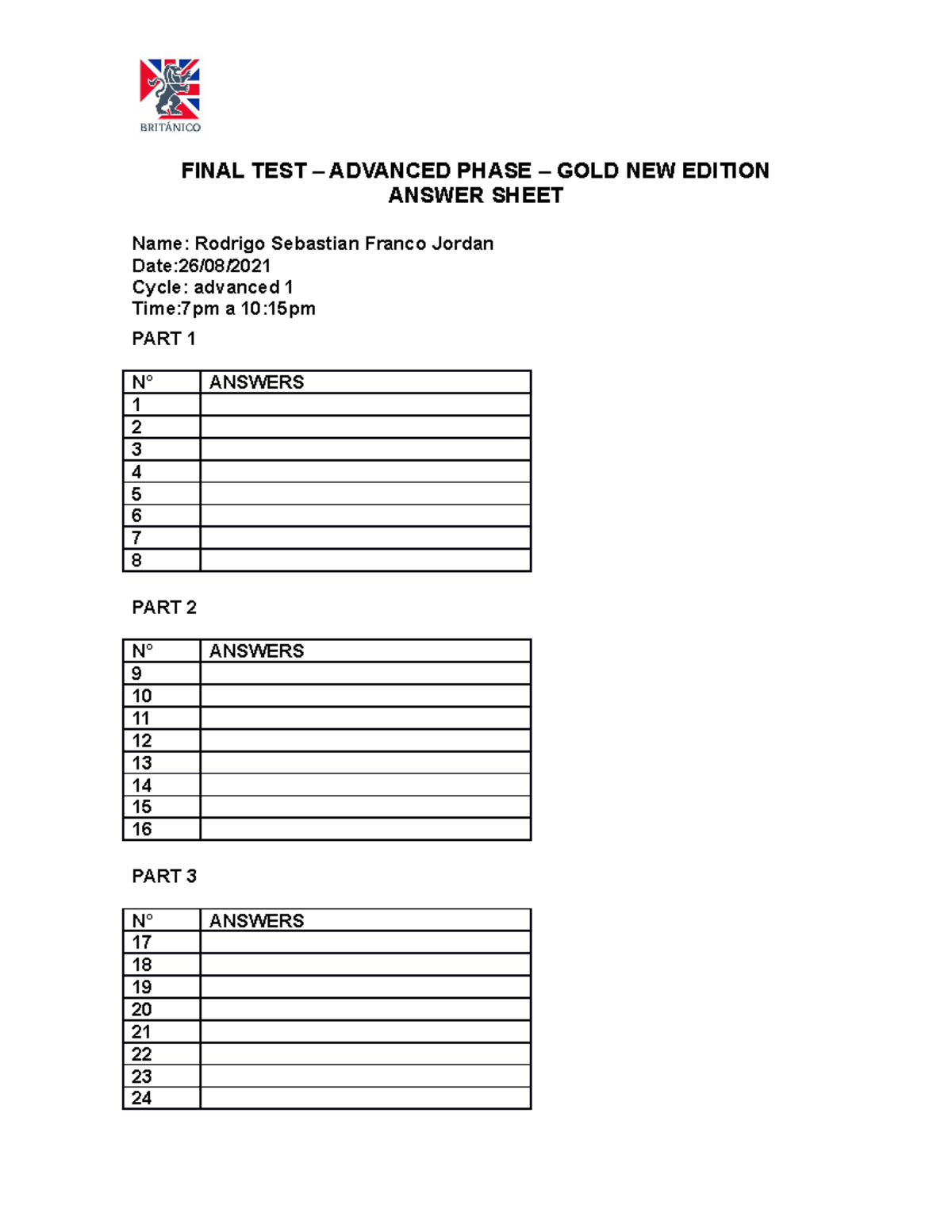 Final TEST AND Reading TASK - Answer Sheet - FINAL TEST – ADVANCED ...