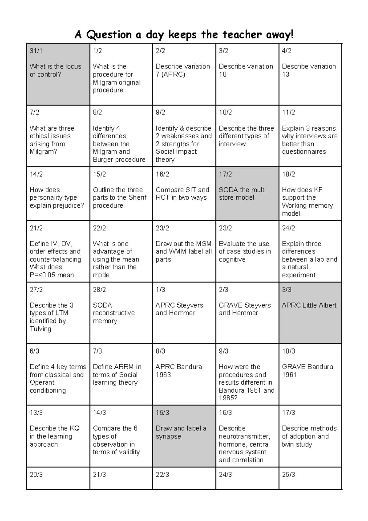A question a day - a way to do some revision a day to prepare for exams ...