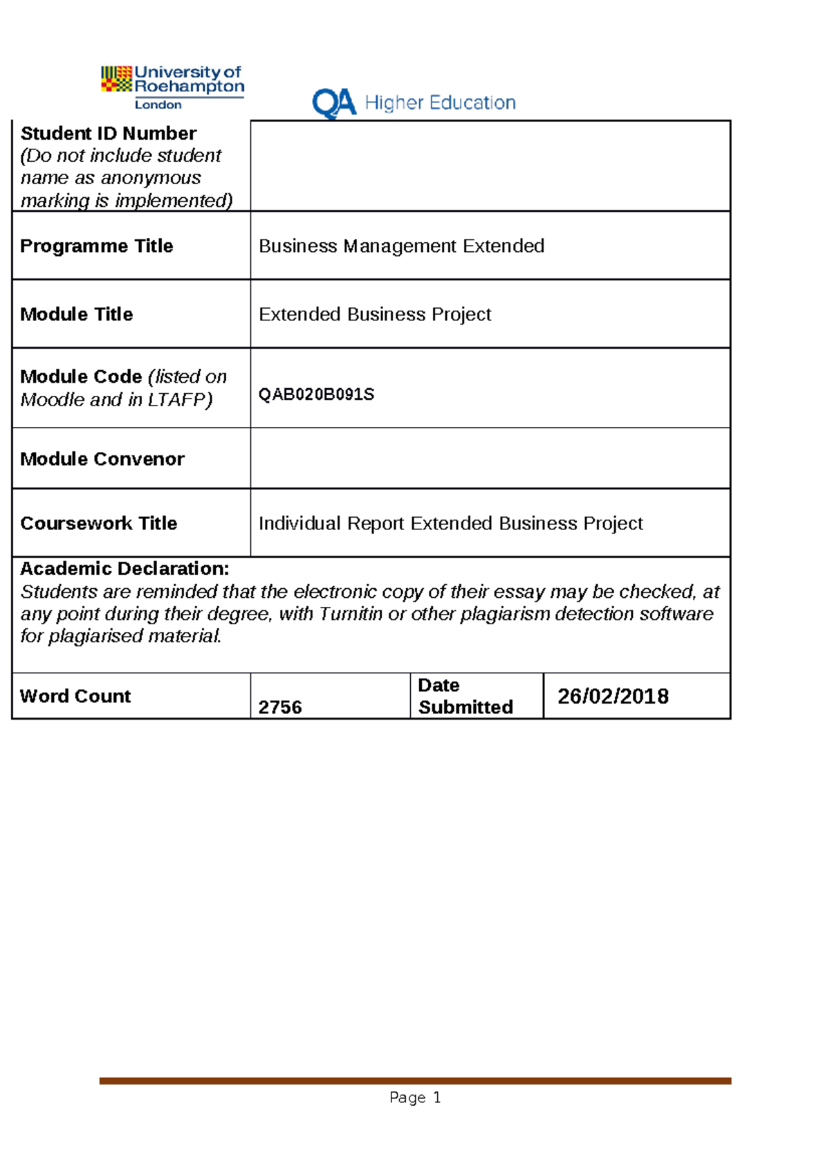 Extended Business Project - Student ID Number (Do not include student ...