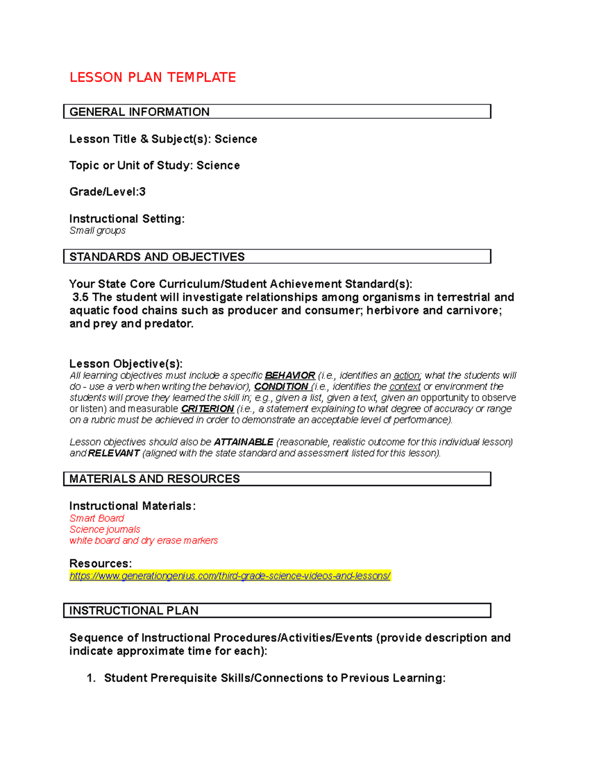 Lesson Plan- 3rd Science - LESSON PLAN TEMPLATE GENERAL INFORMATION ...