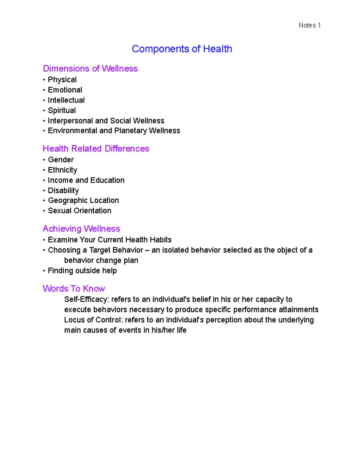 BIO 1510 Lecture Notes - Components of Health Dimensions of Wellness ...