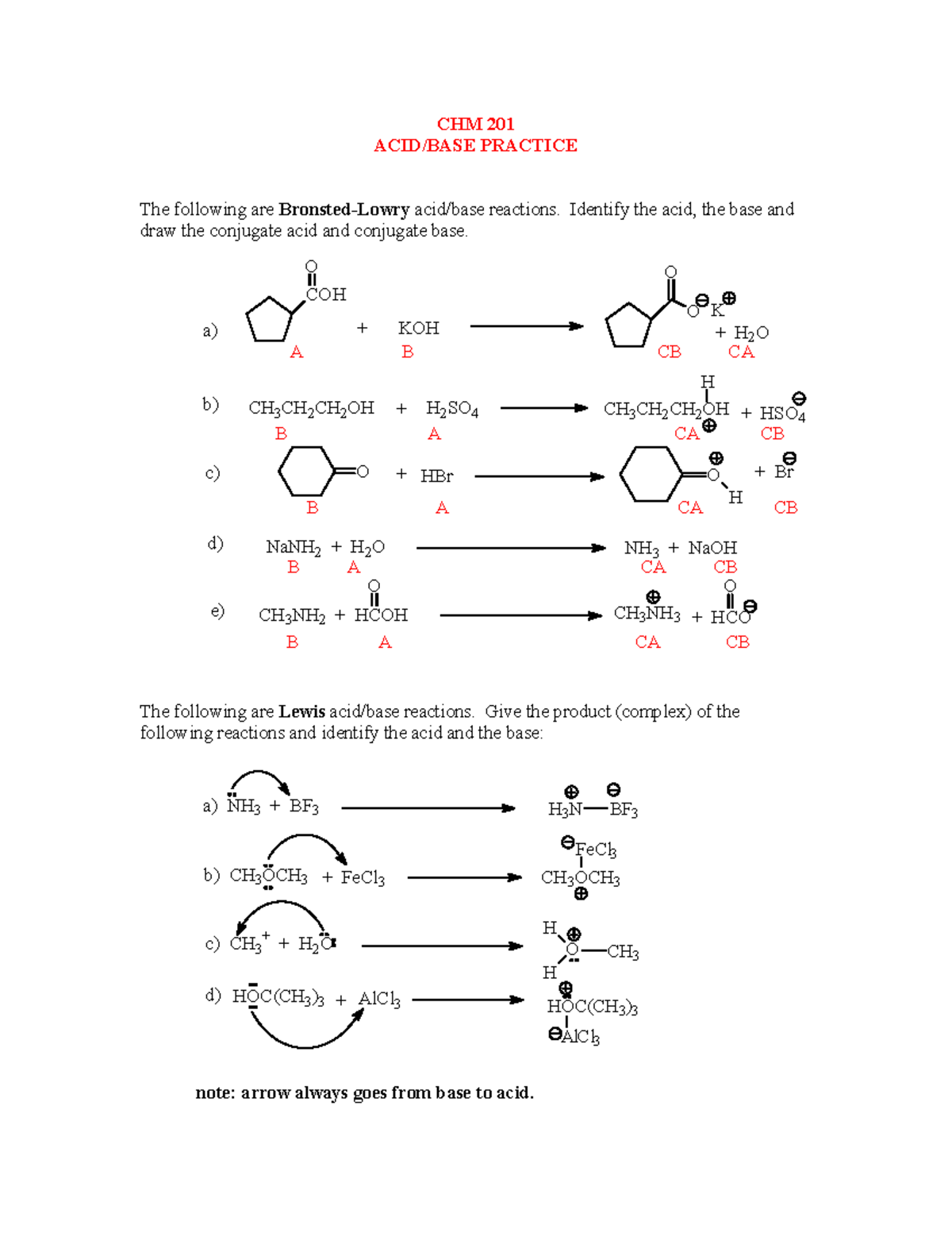 201 acid-base practice ans - CHM 201 ACID/BASE PRACTICE The following ...