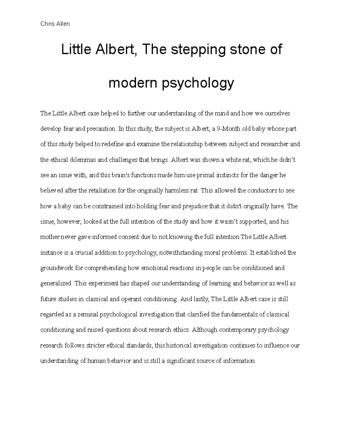 Little Albert Essay - Chris Allen - Chris Allen Little Albert, The ...