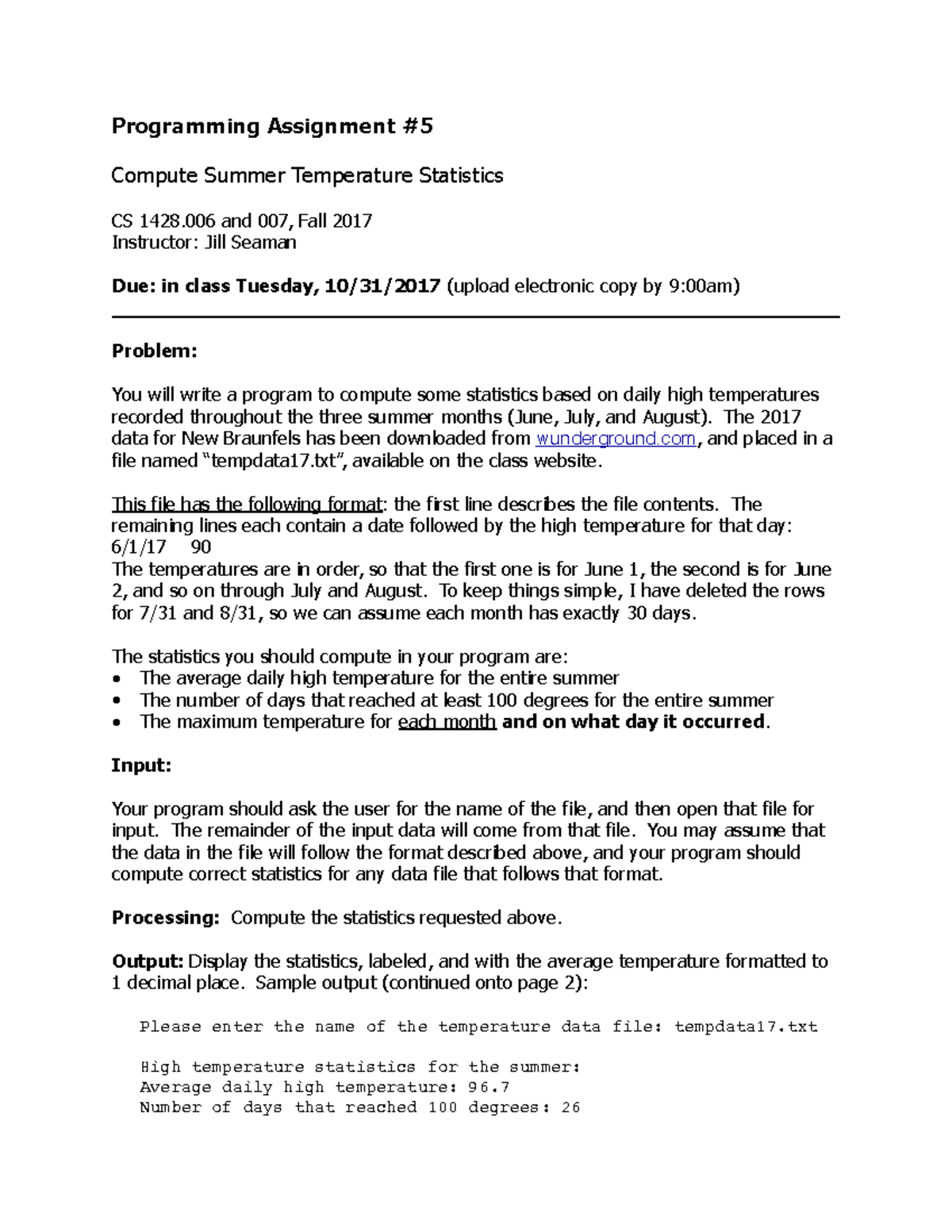 Assignment 5 - CS 1428 - Programming Assignment Compute Summer Temperature Statistics CS 1428 ...