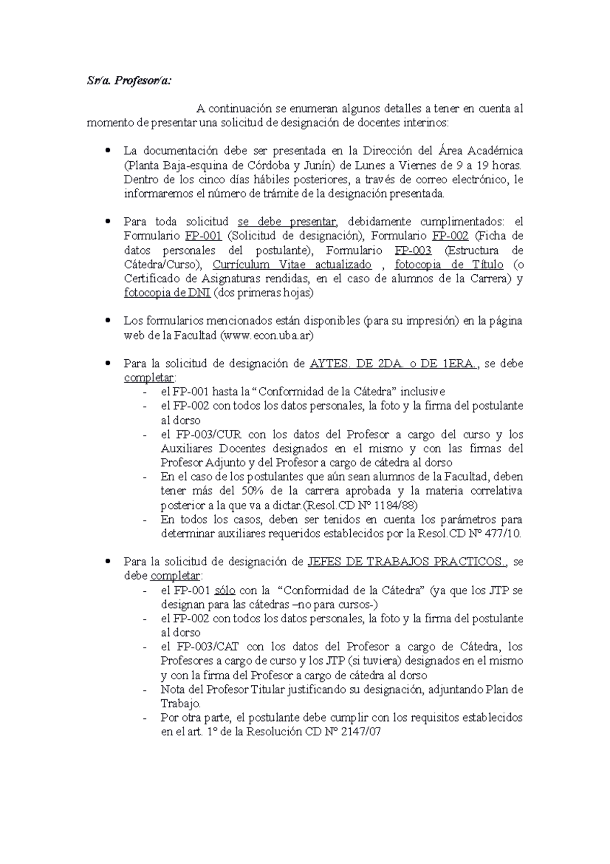 Instructivo PARA FORM - Sr/a. Profesor/a: A continuación se enumeran ...