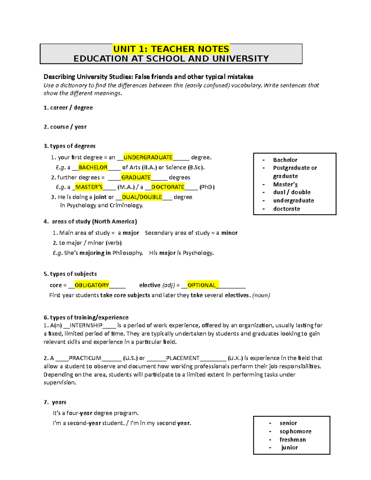Homework for Weekend 17th-18th September-answer key - UNIT 1: TEACHER ...
