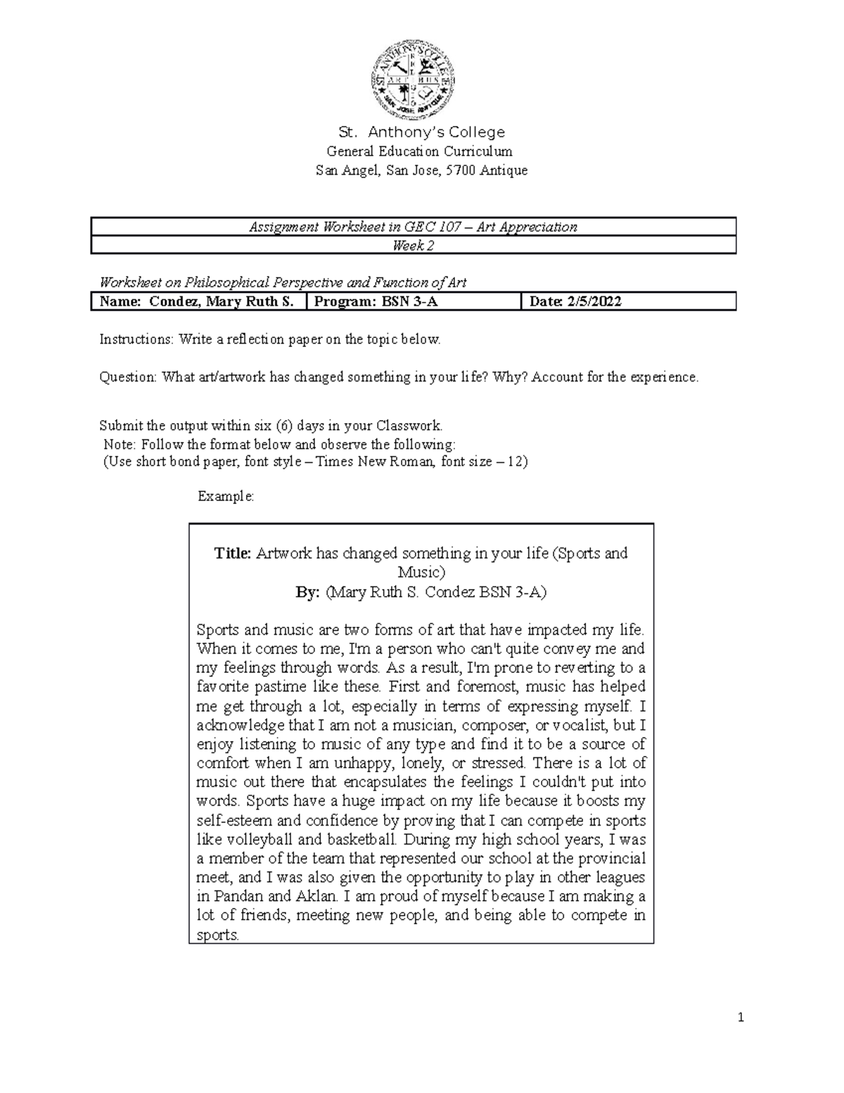 Assignment Worksheet in GEC 107- Week 2 - St. Anthony’s College General ...