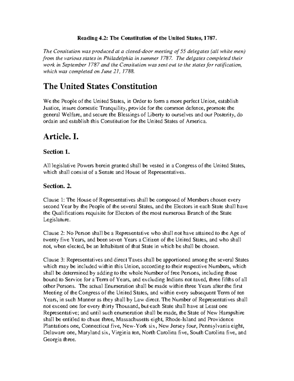 Reading 4 - Reading 4: The Constitution of the United States, 1787. The ...