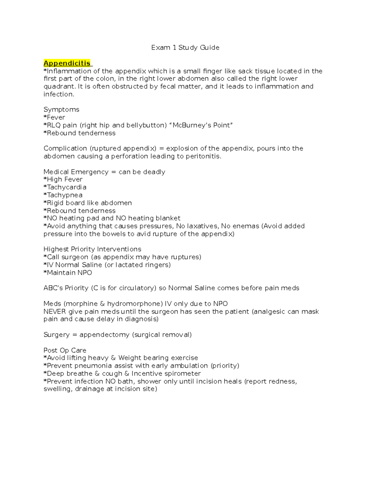 Gastrointestinal Exam 1 - Exam 1 Study Guide Appendicitis *Inflammation ...