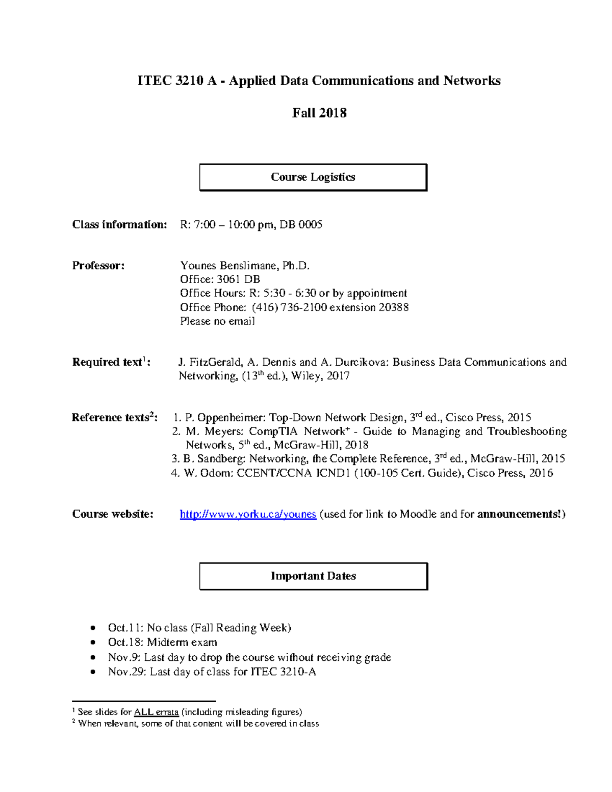 ITEC 3210 Fall 2018 Course Outline - ITEC 3210 A - Applied Data Communications and Networks Fall ...