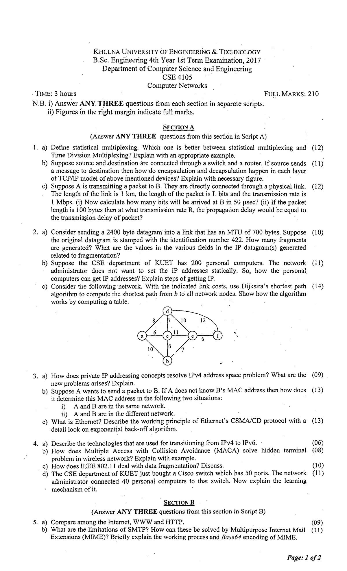 B.Sc. Engineering 4th Year 1st Term Regular Examination, 2017 - FULLMARKS: 210 ∑KHULNAUNIVERSITY ...