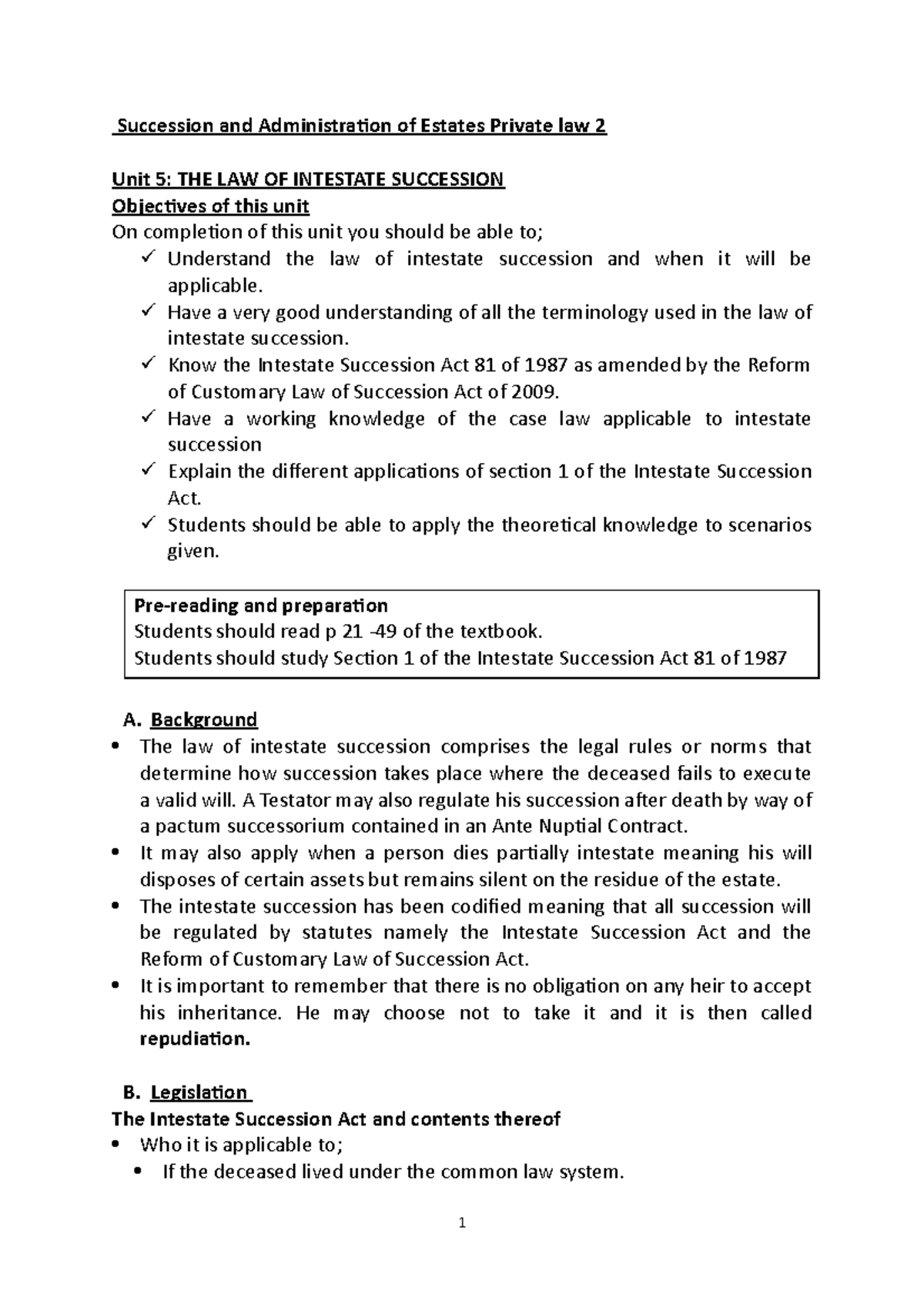 Pvt law 2 Unit 5 Class notes - Succession and Administration of Estates ...