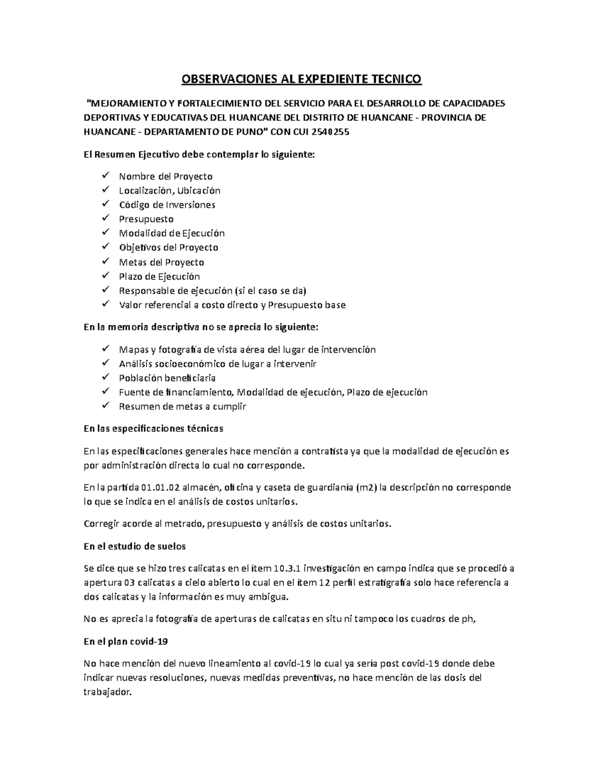 Observaciones AL Expediente Tecnico Huancho LIMA - OBSERVACIONES AL EXPEDIENTE TECNICO - Studocu