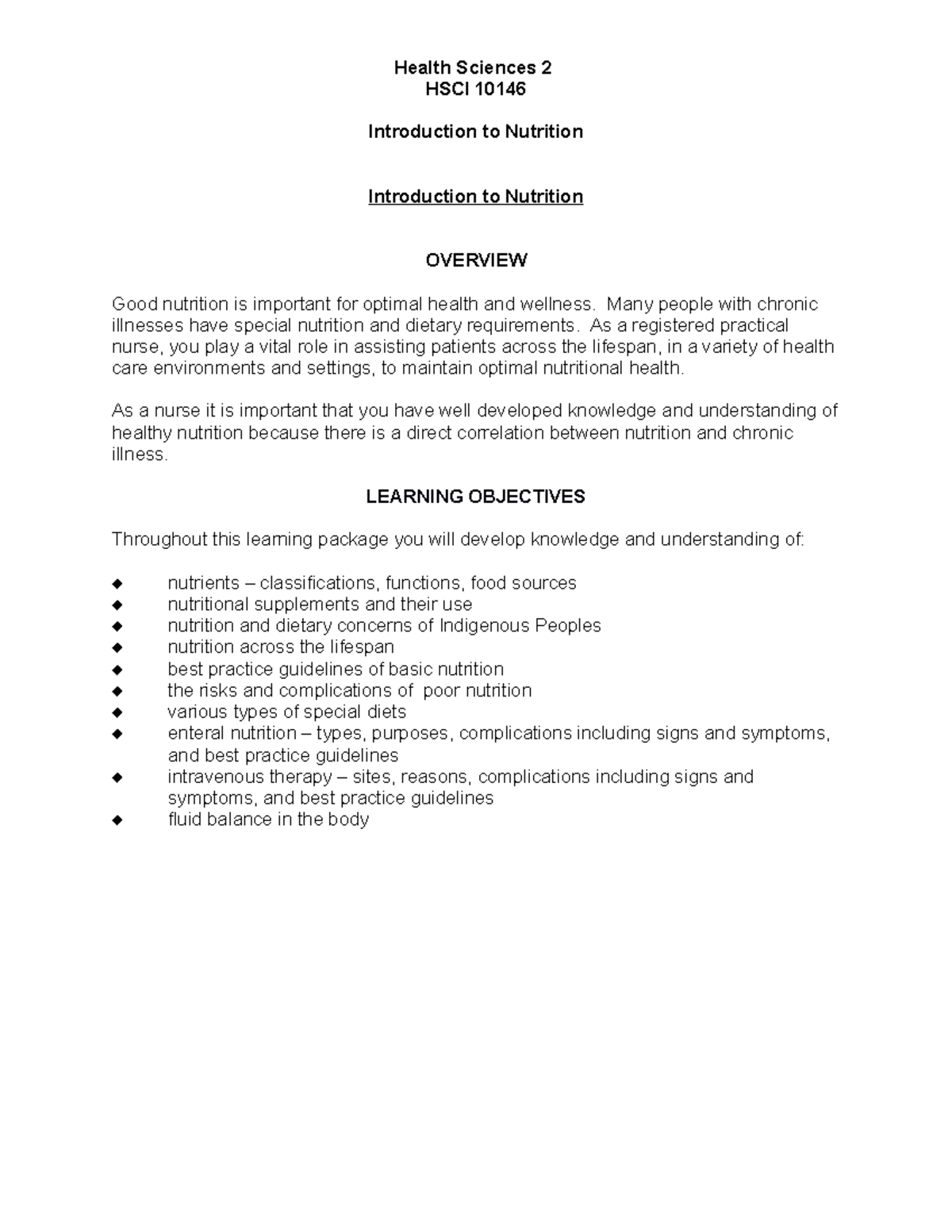 3)HS2Introduction To Nutrition Learning Package - HSCI 10146 ...