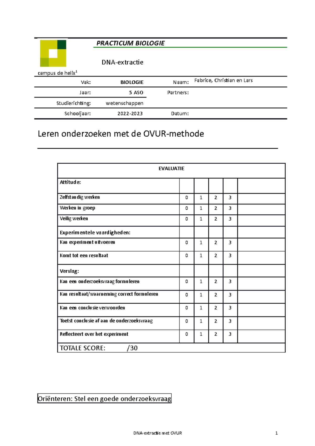 DNA extractie OVUR leerlingen 2022-2023 - campus de helix 1 PRACTICUM ...