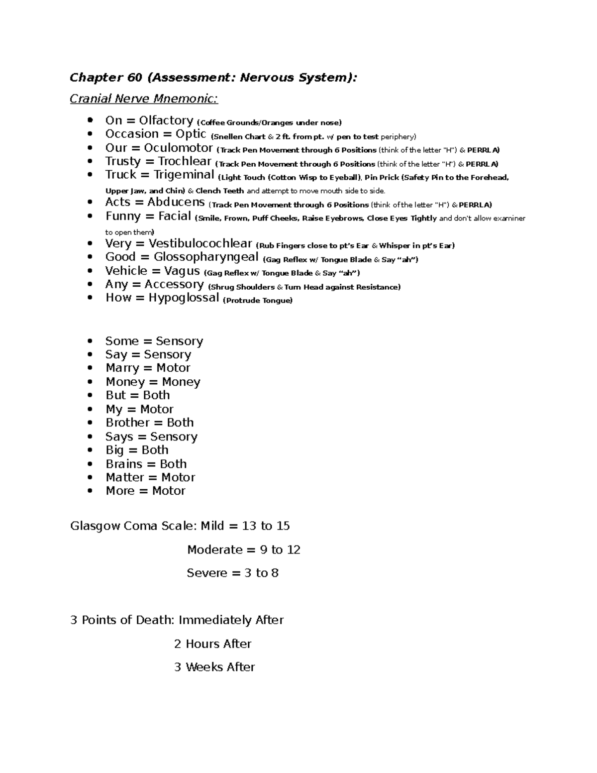 Neuro UNIT TEST - required notes - Chapter 60 (Assessment: Nervous ...