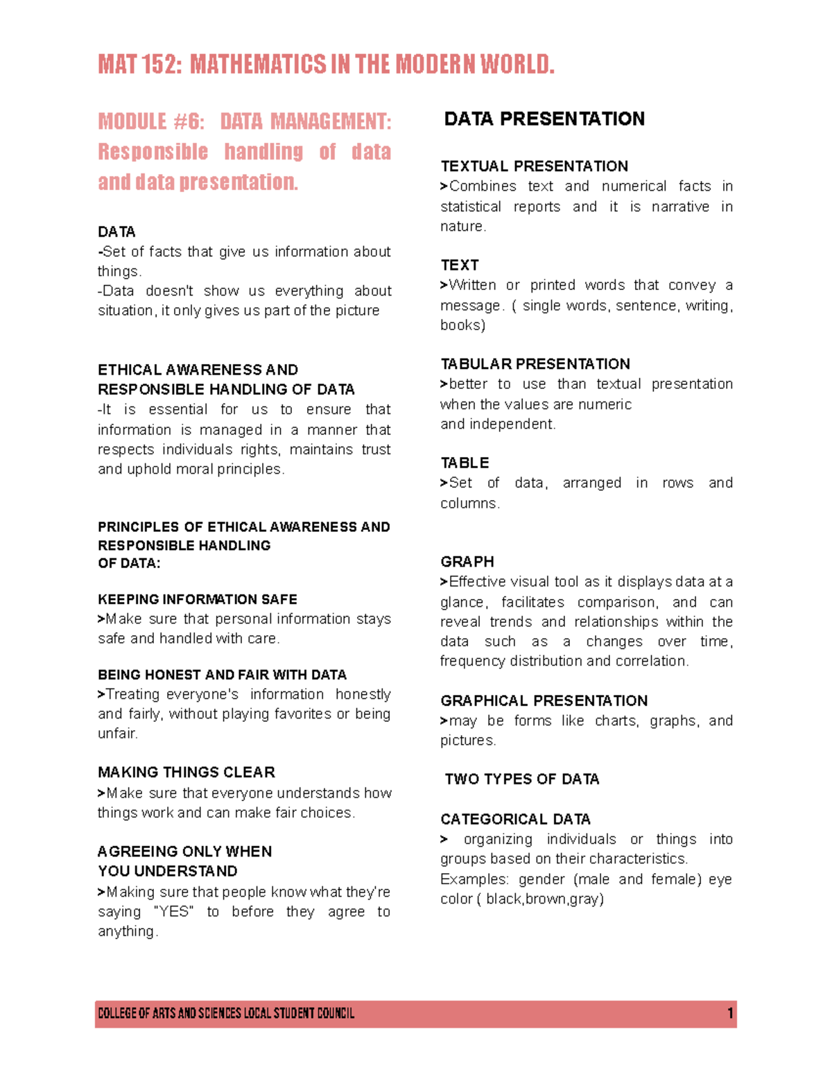 MAT-152 - cnajfnsnf - MODULE #6: DATA MANAGEMENT: Responsible handling of data and data - Studocu