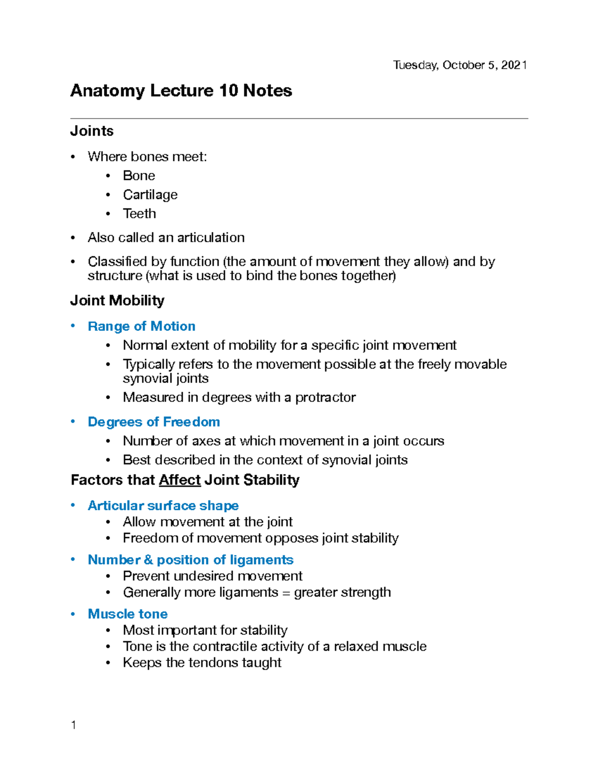 Anatomy Lecture 10 Notes - Anatomy Lecture 10 Notes Joints Where bones ...
