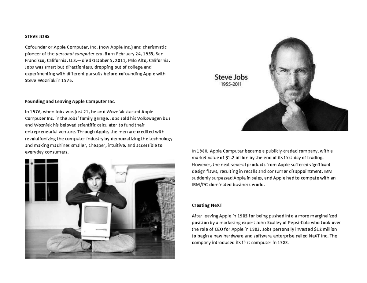 Steve JOBS - folleto - STEVE JOBS Cofounder or Apple Computer, Inc ...