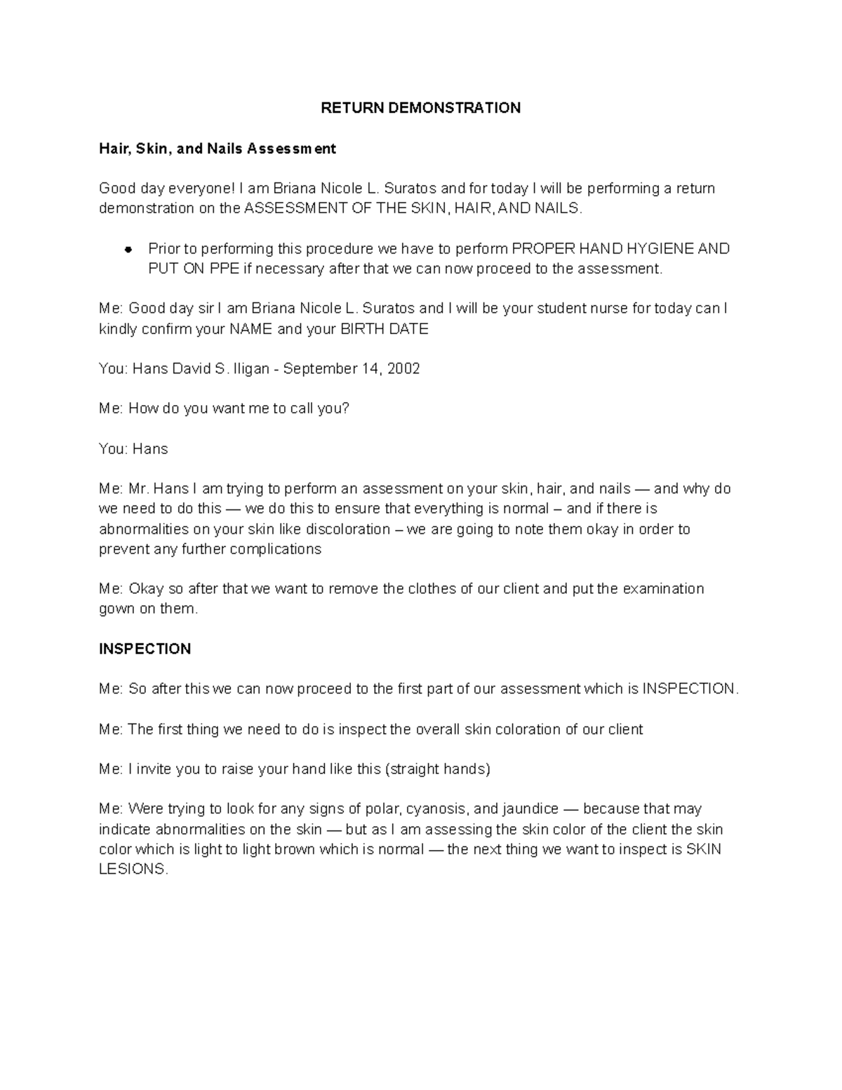 Hair, Nails, and Skin Return Demonstration for Health Assessment ...