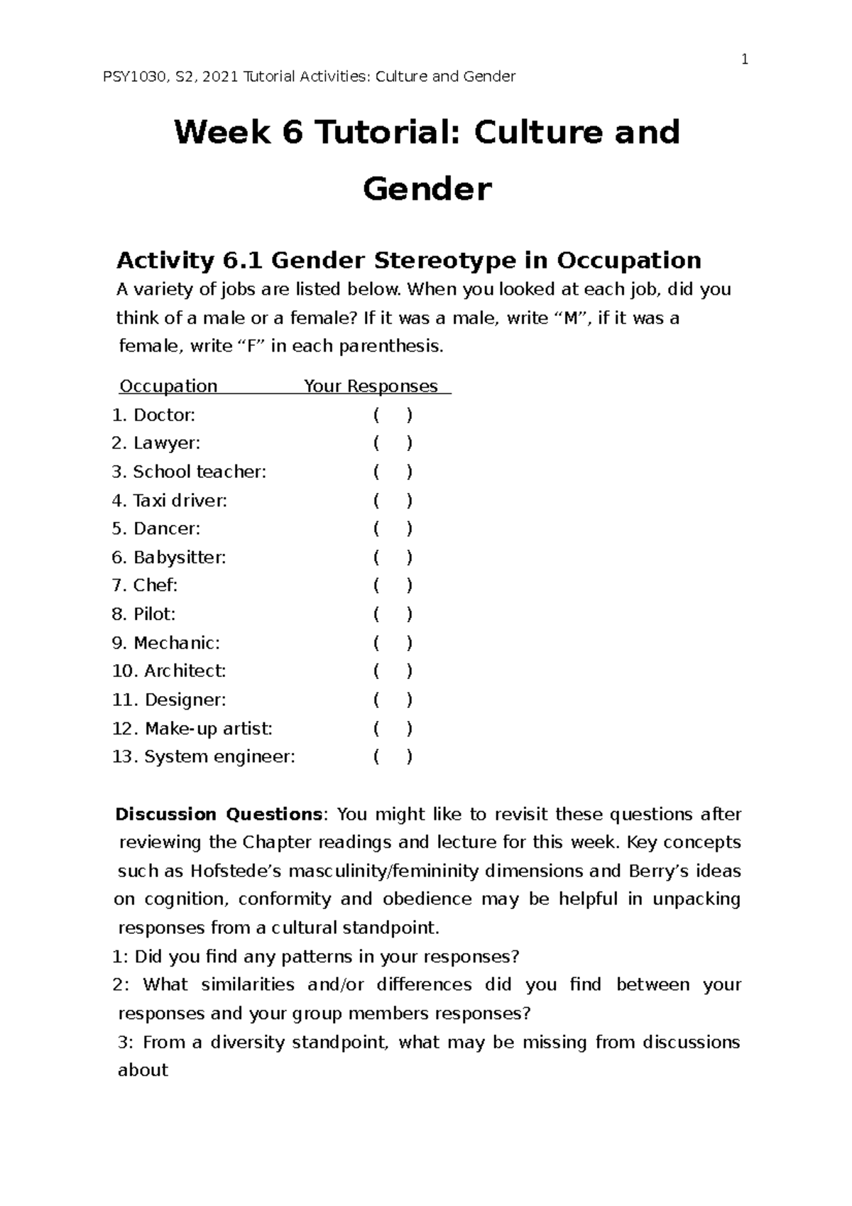 Week 6 Activities Worksheet - Gender and Culture - PSY1030, S2, 2021 ...