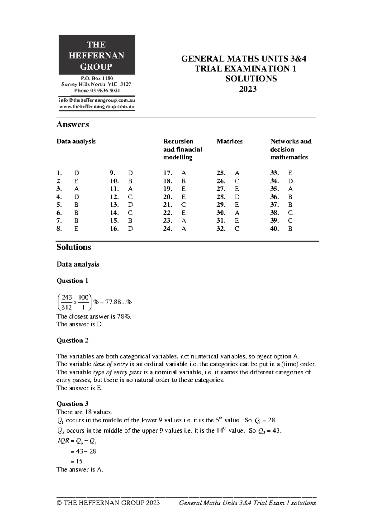 2023 General Maths Units 3 4 Exam 1 solutions - - Studocu