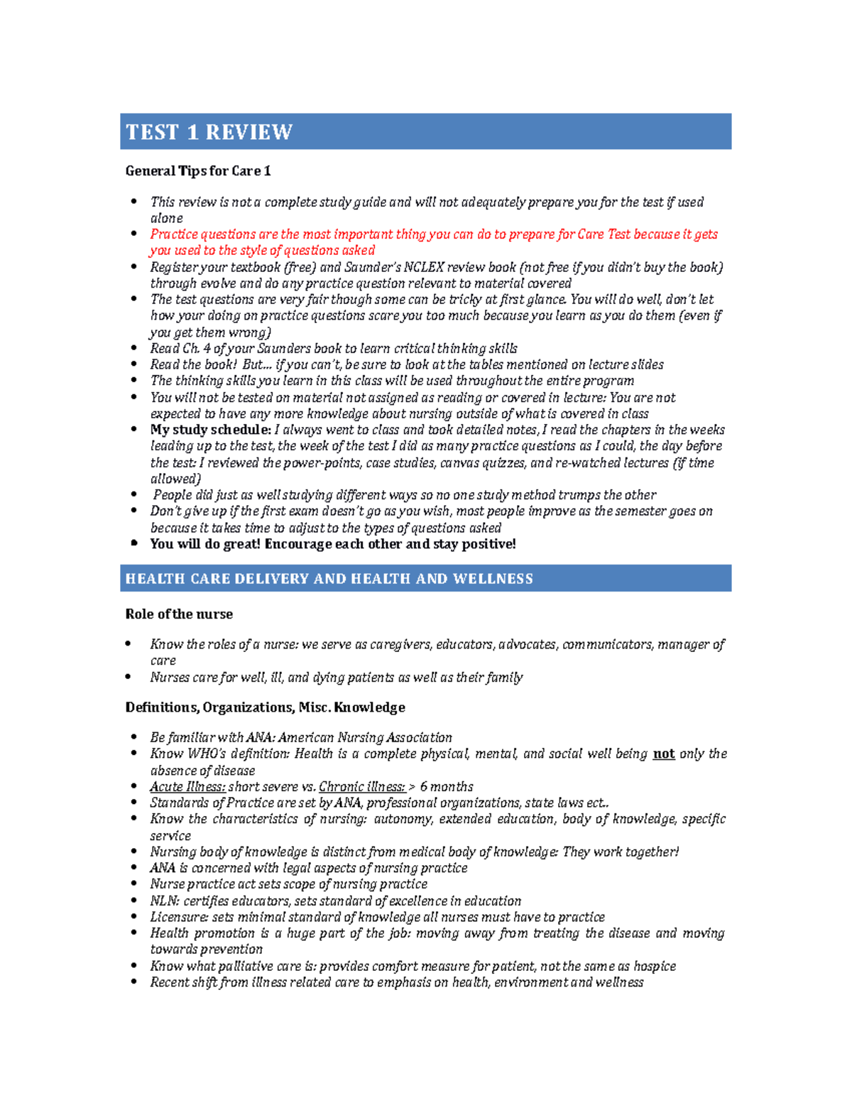 Care 1 Test Review - As much additional details as possible - TEST 1 ...