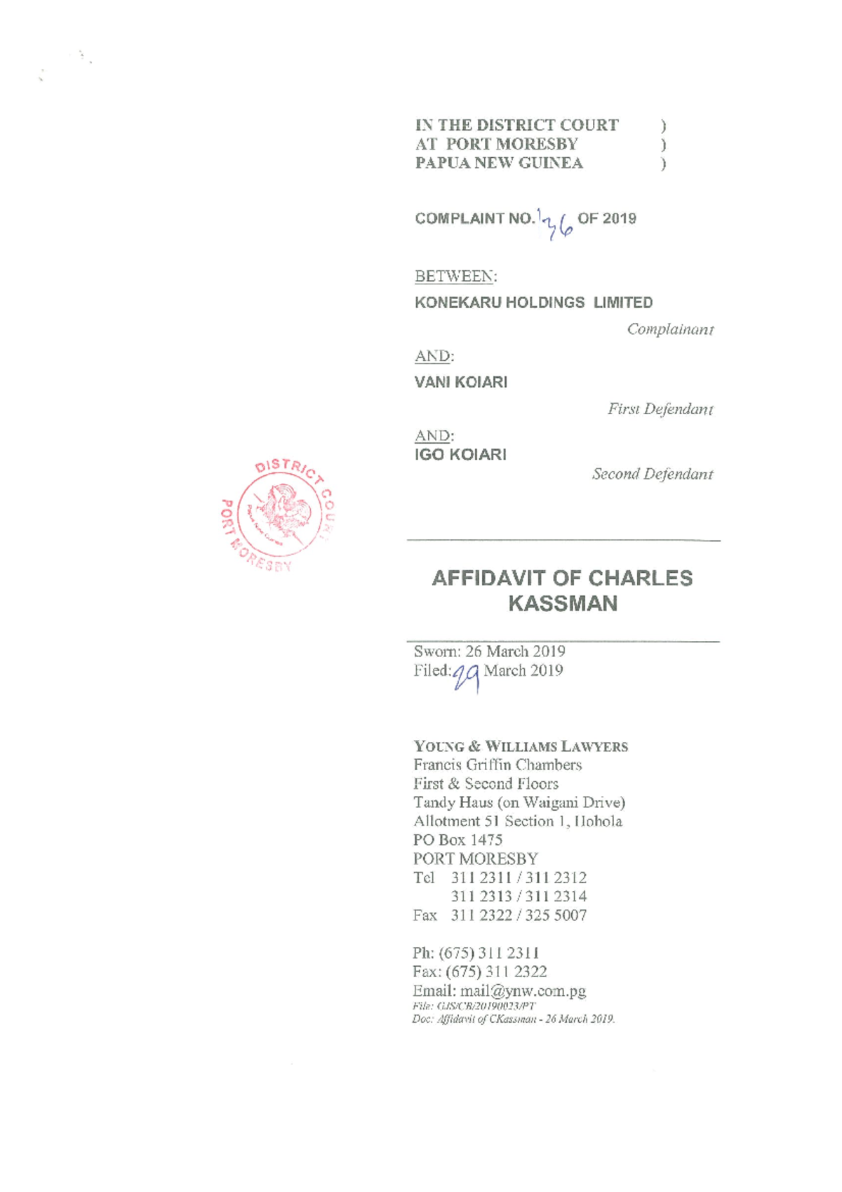 Affidavit of Charles Kassman - IN THE DISTRICT COURT ) AT PORT MORES ...