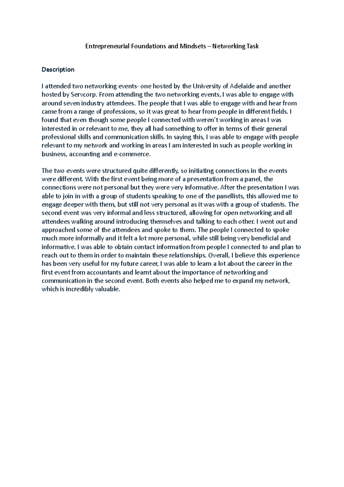 Networking Task - Entrepreneurial Foundations and Mindsets – Networking Task Description I ...
