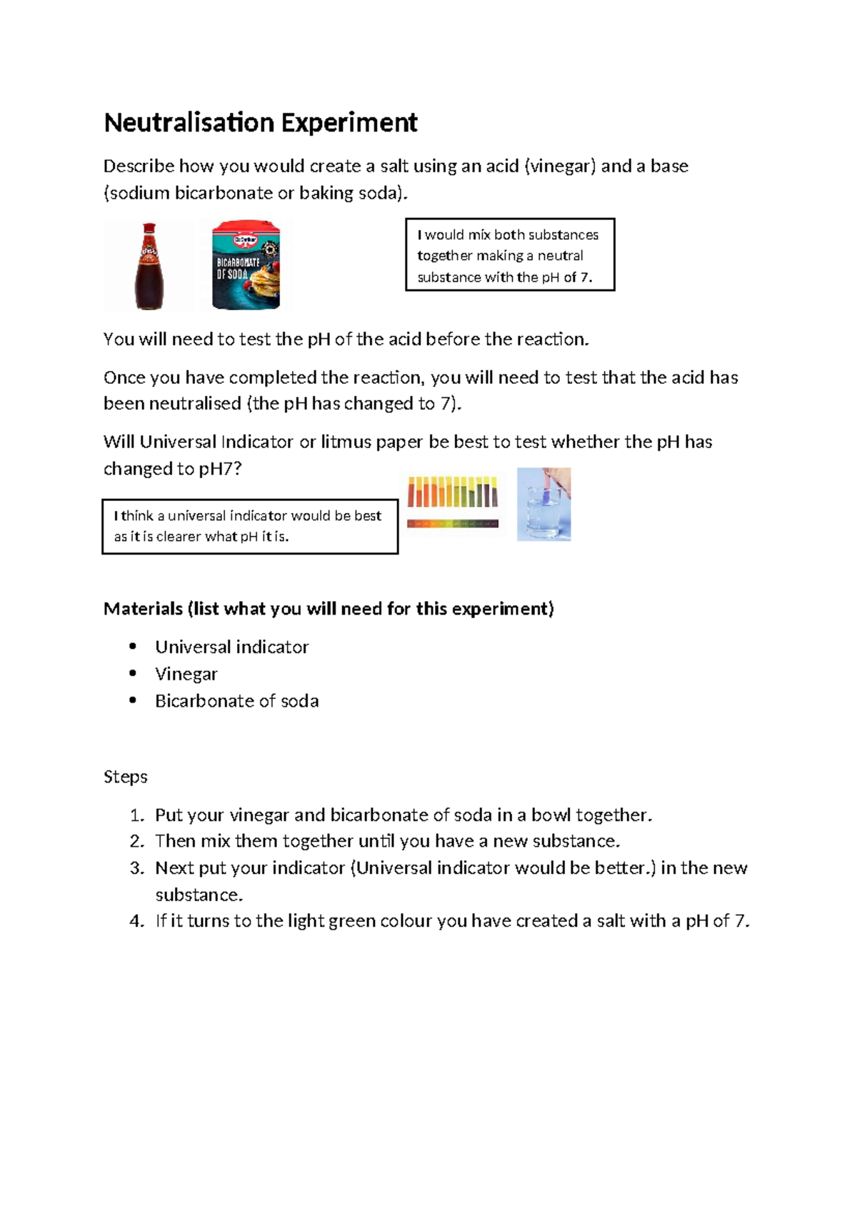 Science worksheet - Neutralisation Experiment Describe how you would ...