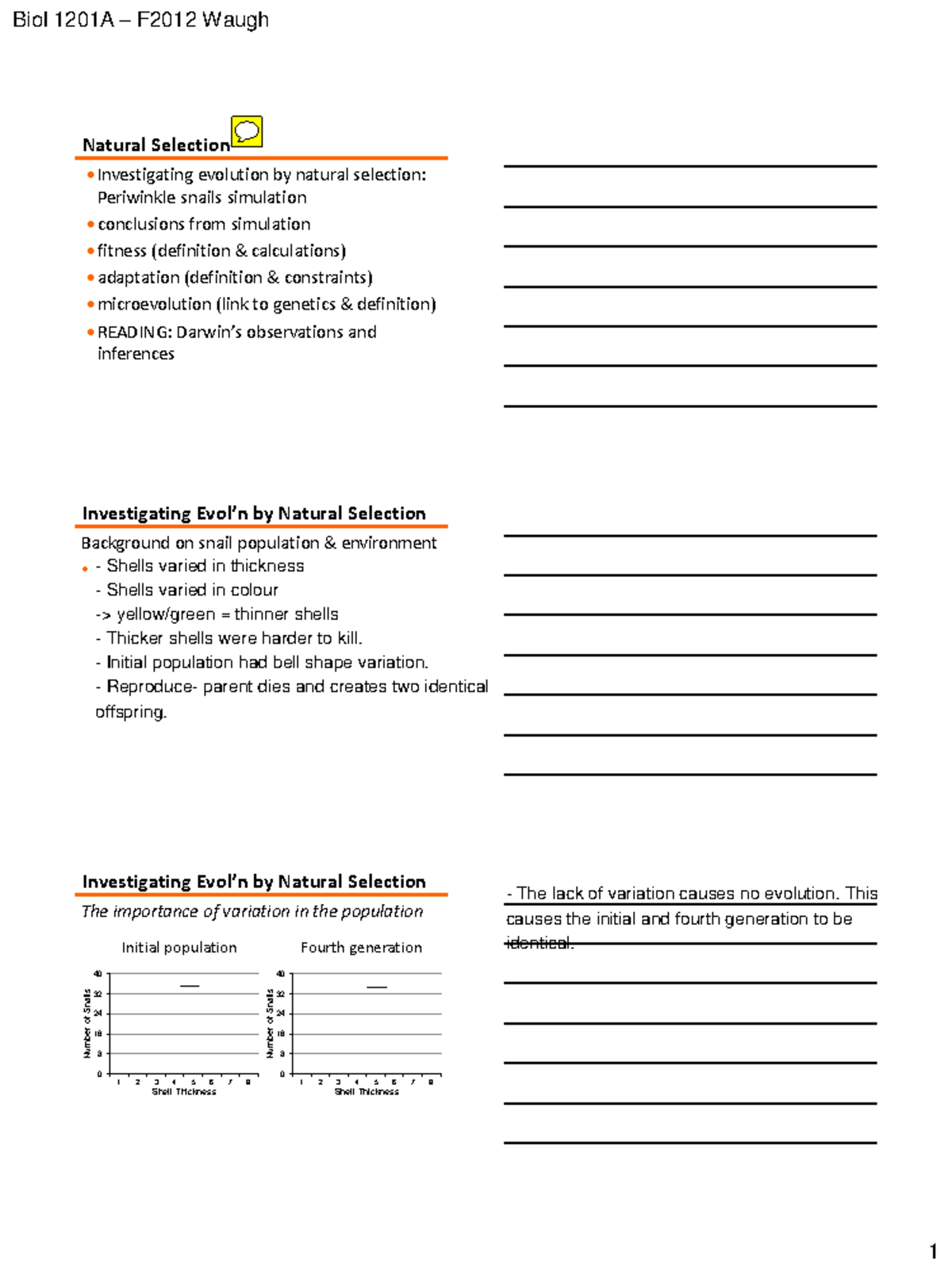 Lecture slides, lecture: Natural Selection - notes - Biol 1201A F2012 ...