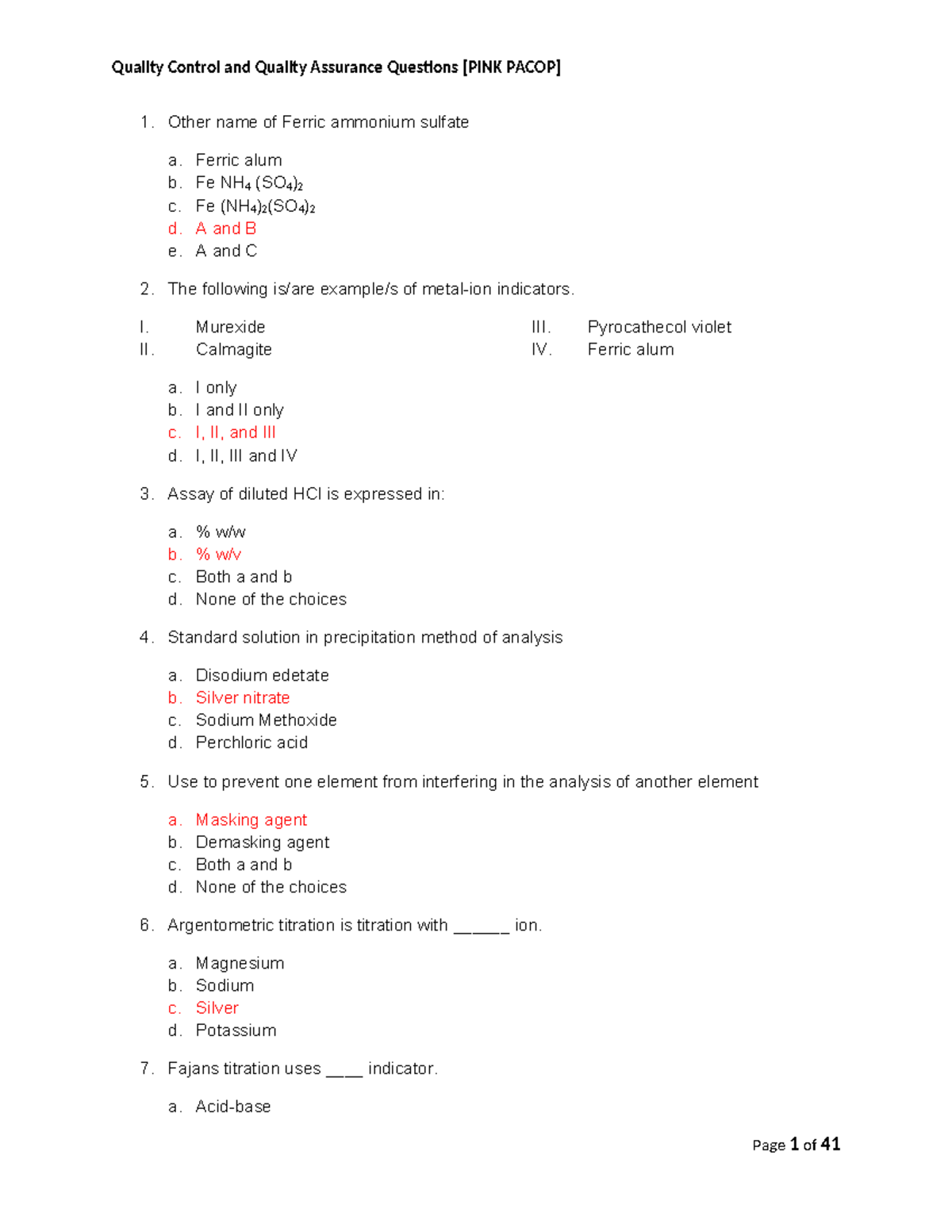 PINK Pacop QC AND QA Answer KEY-1 - 1. Other name of Ferric ammonium ...