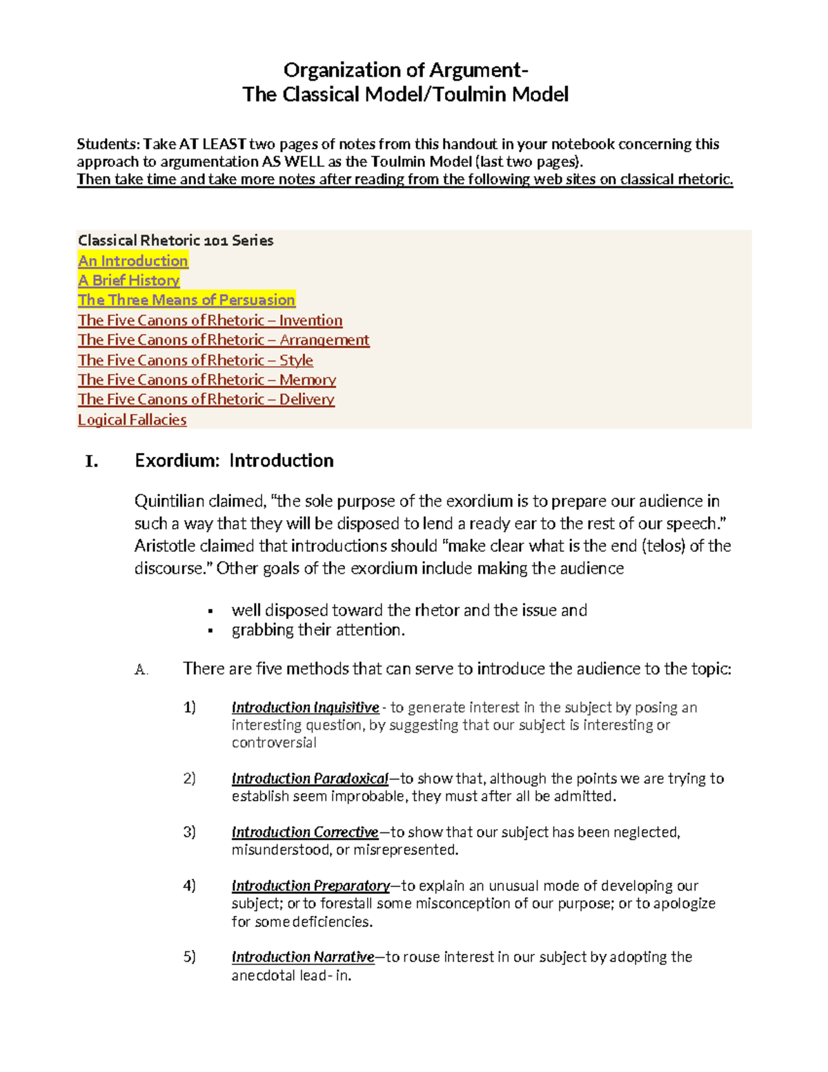 Classical and Toulmin Argumentation - Organization of Argument- The ...