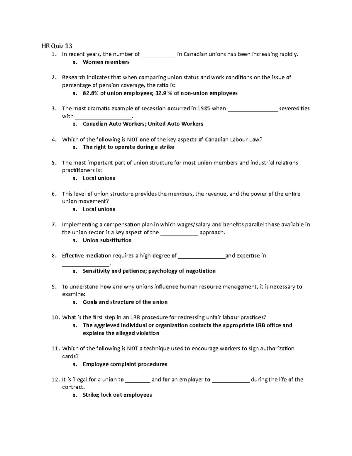 HR-Quiz-13 - testbank - HR Quiz 13 In recent years, the number of ...