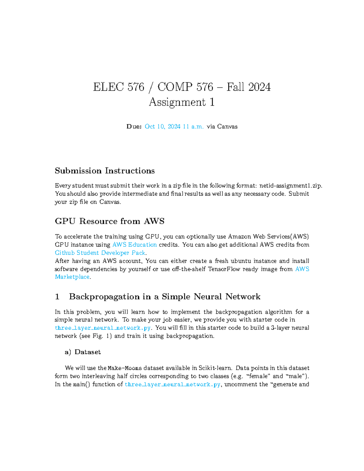 ELEC576 Assignment 1 - Homework 1 - ELEC 576 / COMP 576 – Fall 2024 Assignment 1 Due: Oct 10 ...