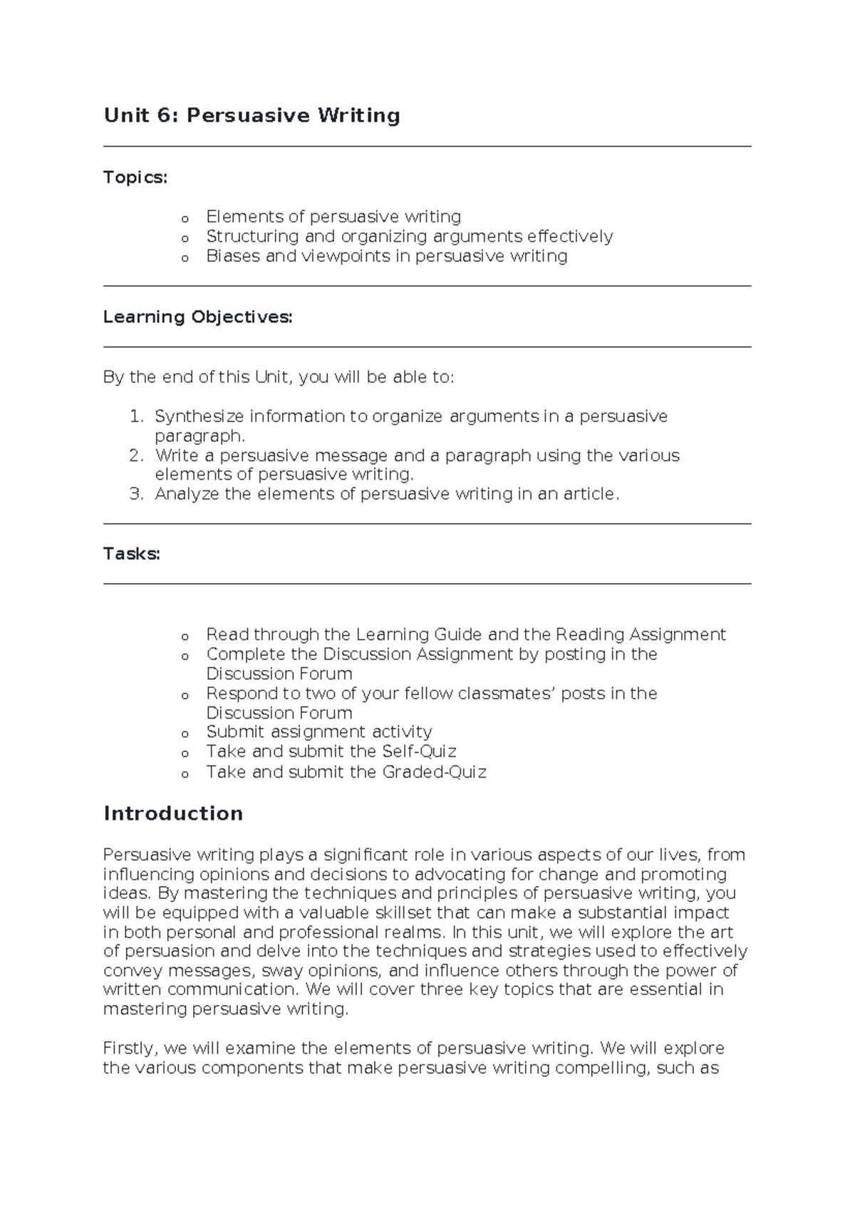 ENGL 1102 Unit 6 Learning Guide - Unit 6: Persuasive Writing Topics: o ...