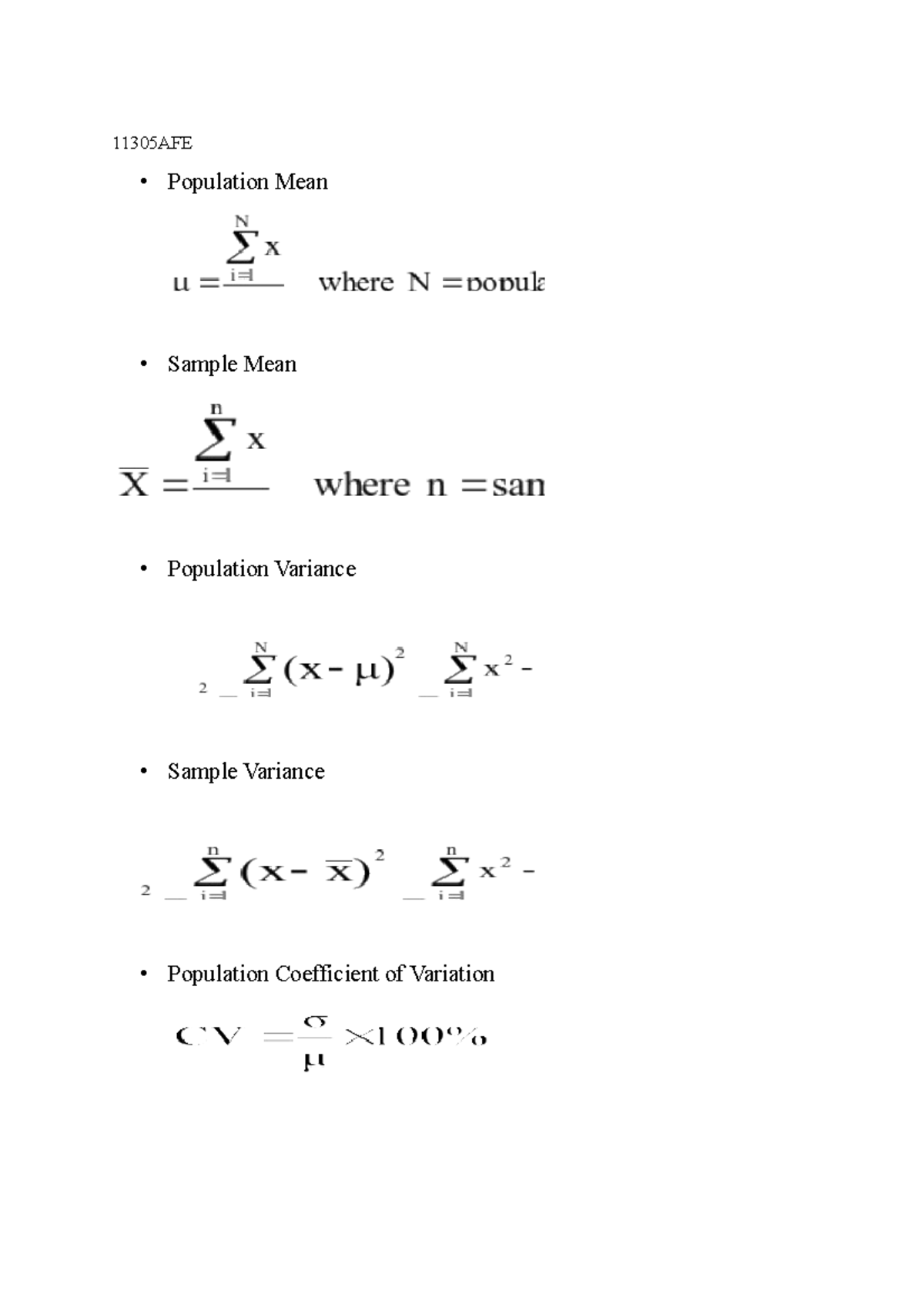 1305AFE formula for business data analysis - 11305AFE Population Mean ...