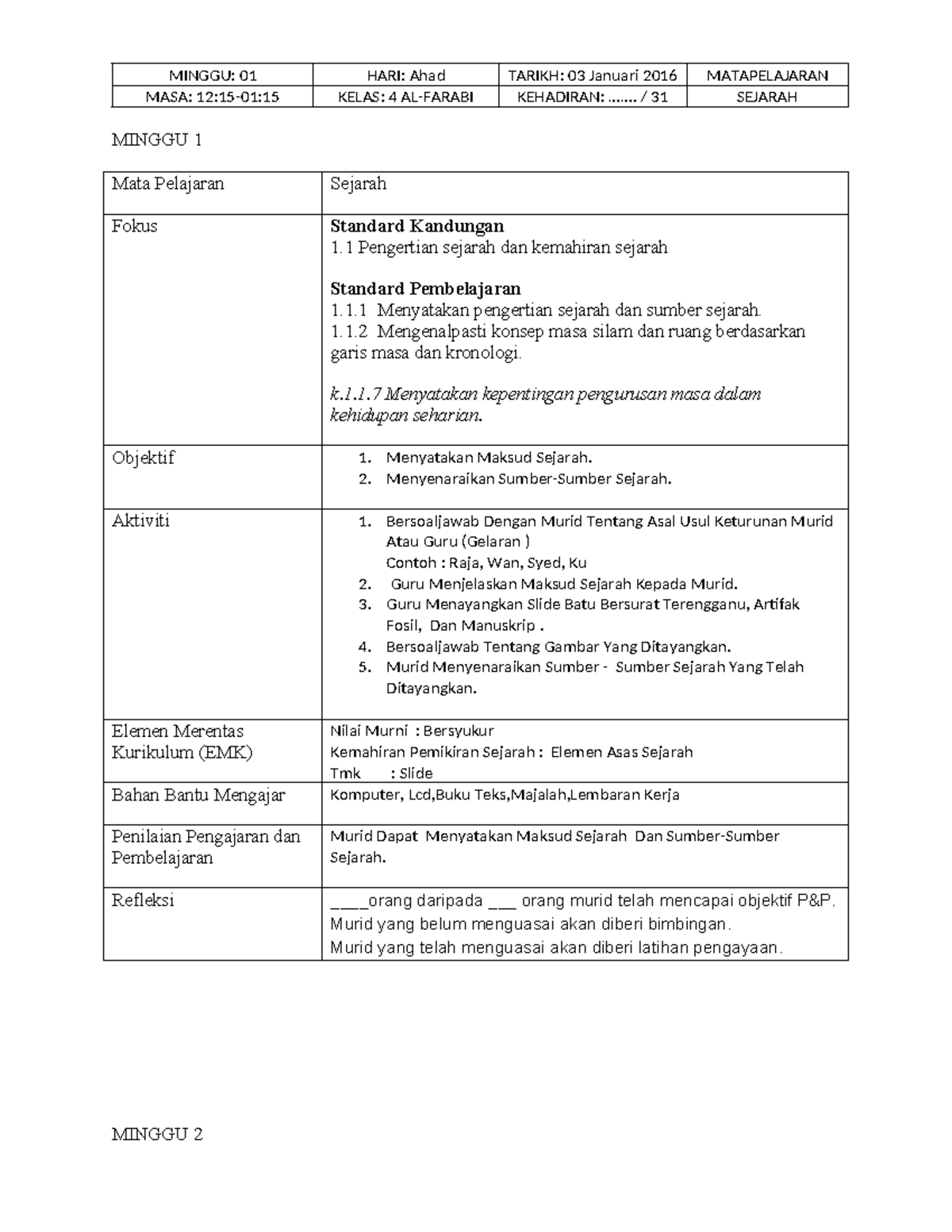 RPH Y4 Sejarah docx - MINGGU: 01 HARI: Ahad TARIKH: 03 Januari 2016 MATAPELAJARAN MASA: 12:15-01 ...