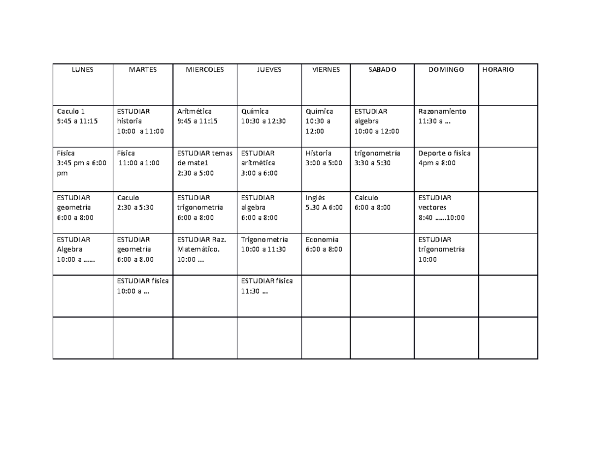Horario - afasf - LUNES MARTES MIERCOLES JUEVES VIERNES SABADO DOMINGO ...