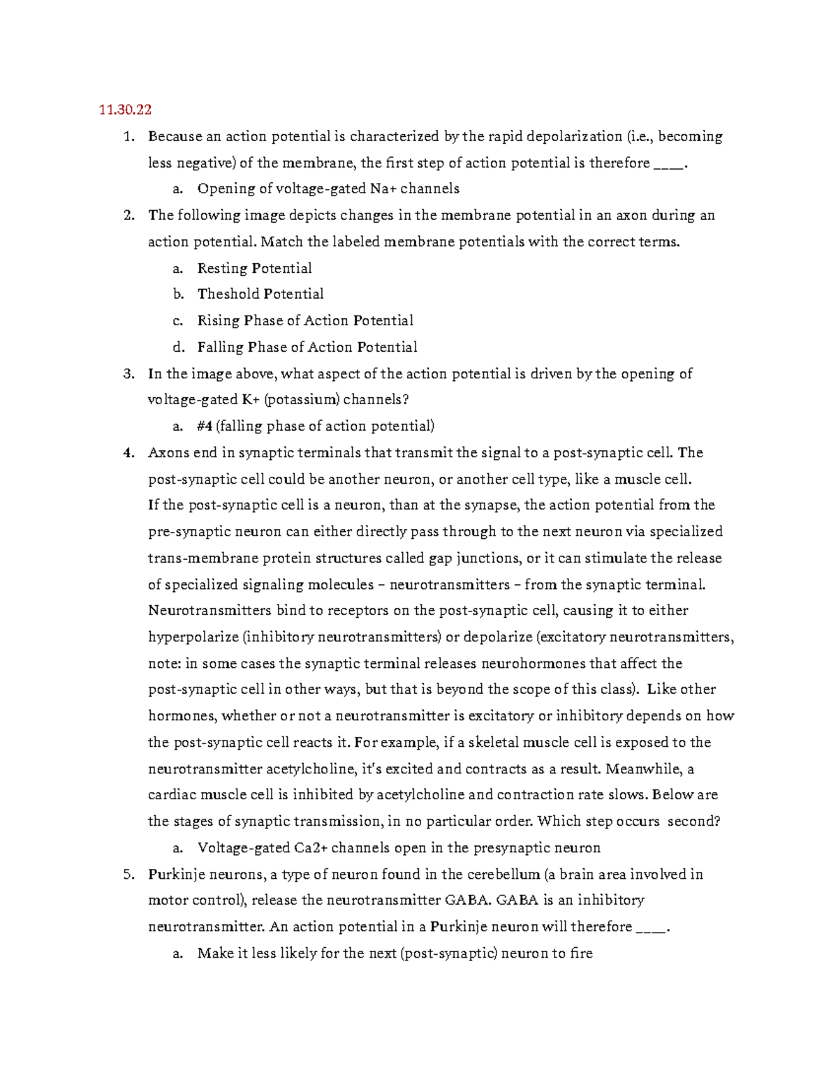 Exam #4 Homework Questions P4 - 11. Because an action potential is ...