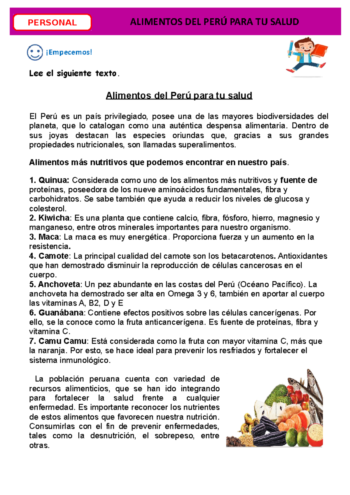 D1 A2 Ficha PS. Alimentos del Perú para tu salud - ¡Empecemos! Lee el ...
