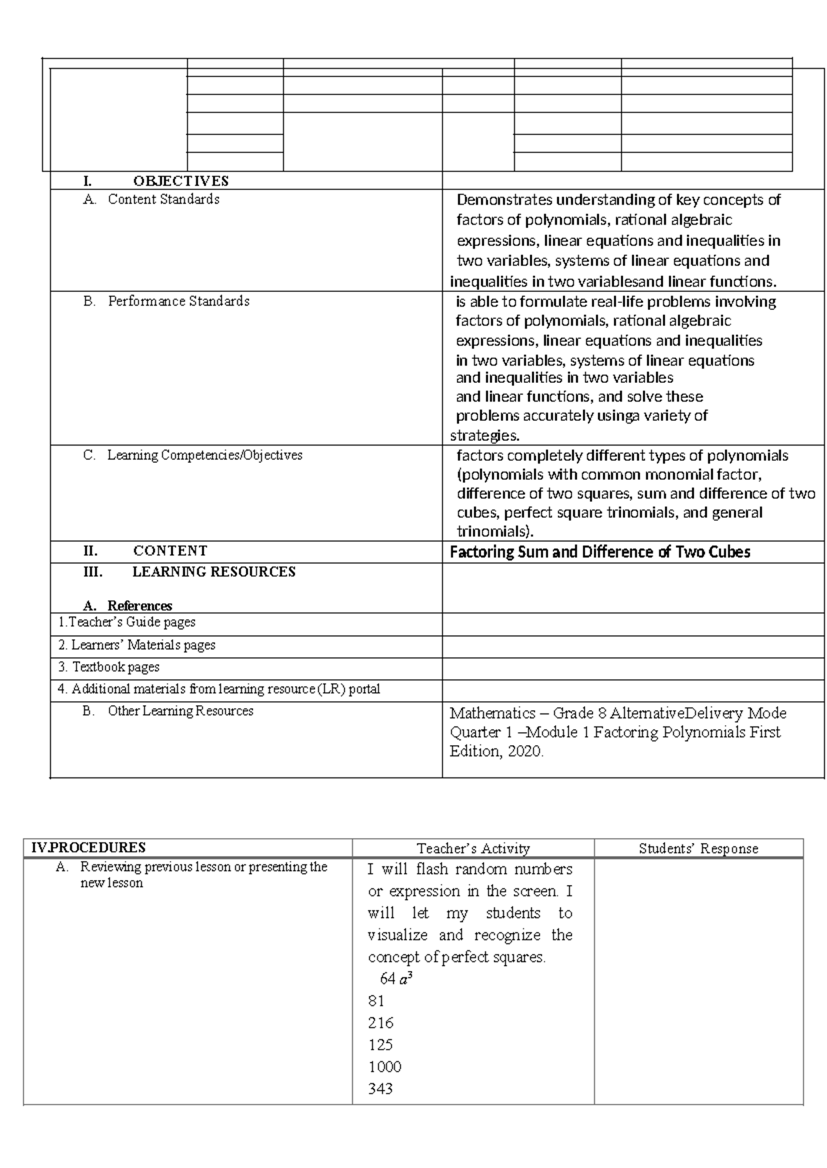 Detailed lesson plan Factoring Sum and Difference of Two Cubes - I ...