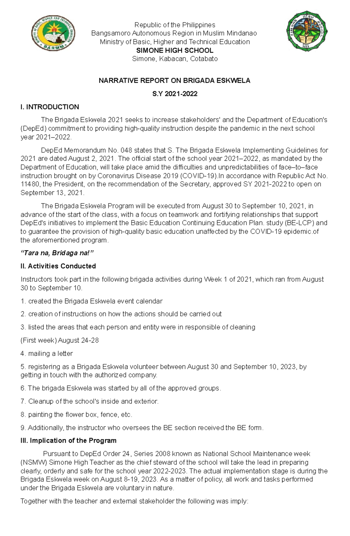 Narrative report 2021-2022 - Republic of the Philippines Bangsamoro ...
