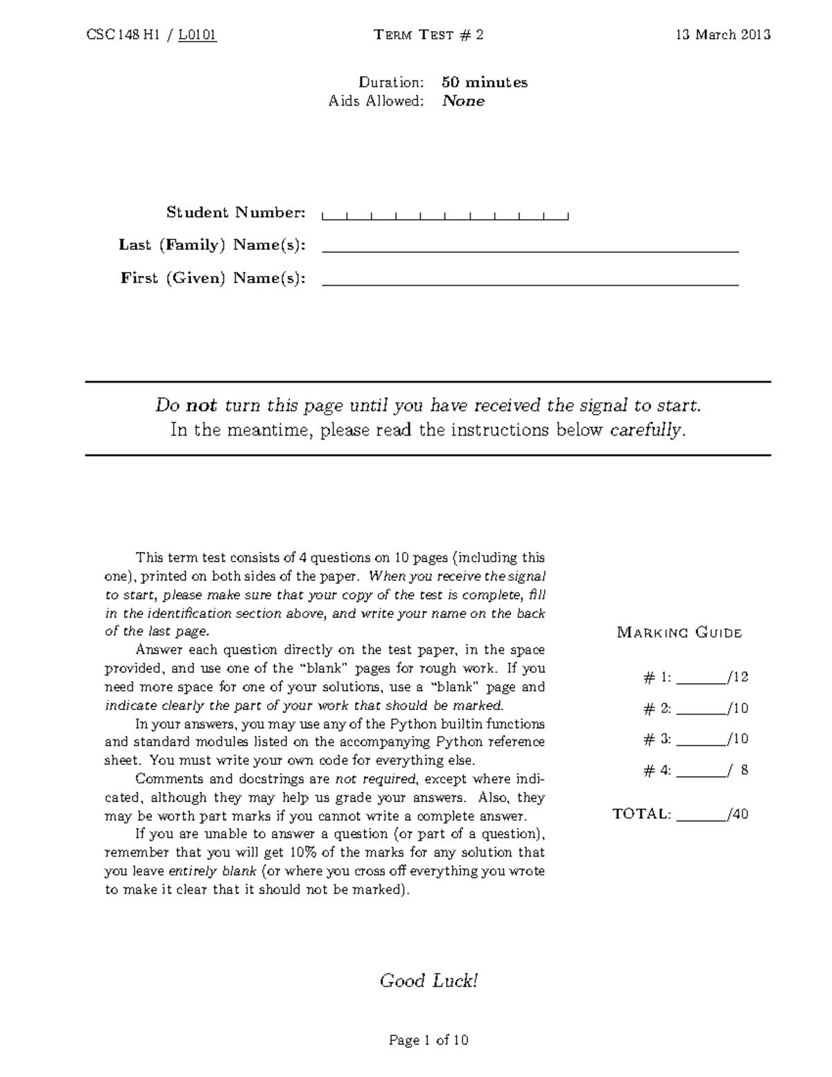 Term Test 2 2013 - CSC 148 H1 / L0101 Term Test # 2 13 March 2013 ...