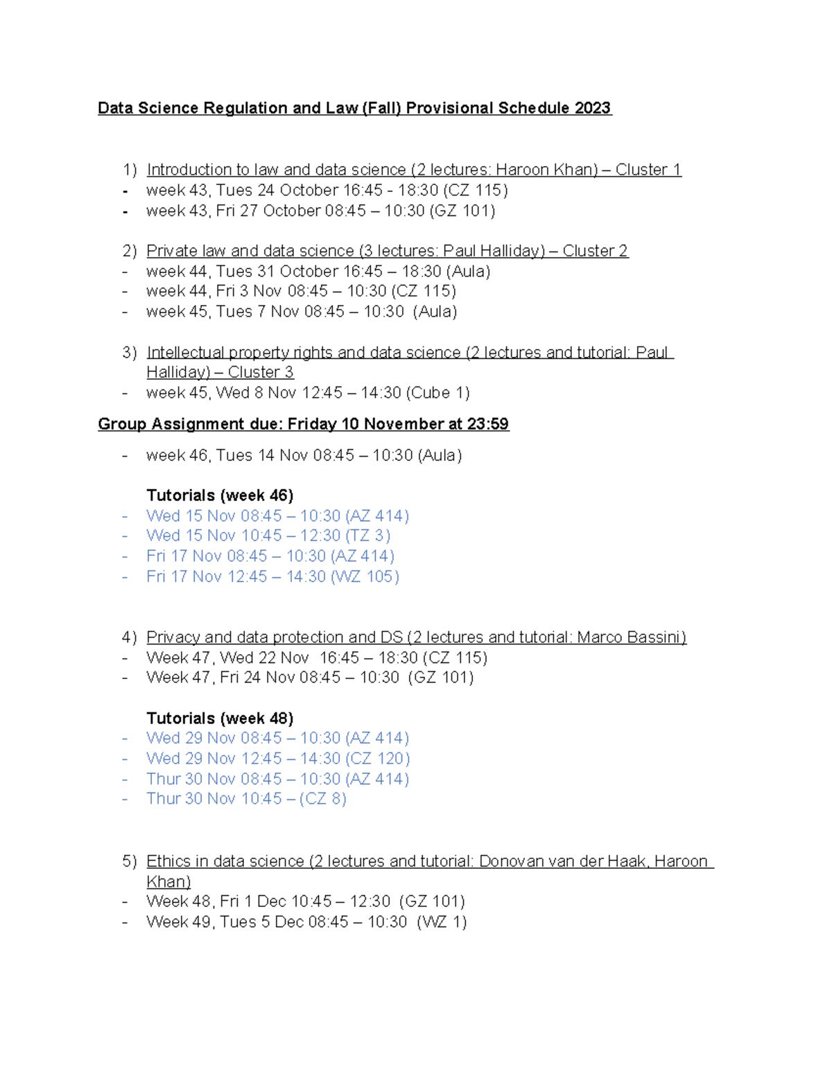 Provisional schedule 2023 (Fall - block 2) - Data Science Regulation ...
