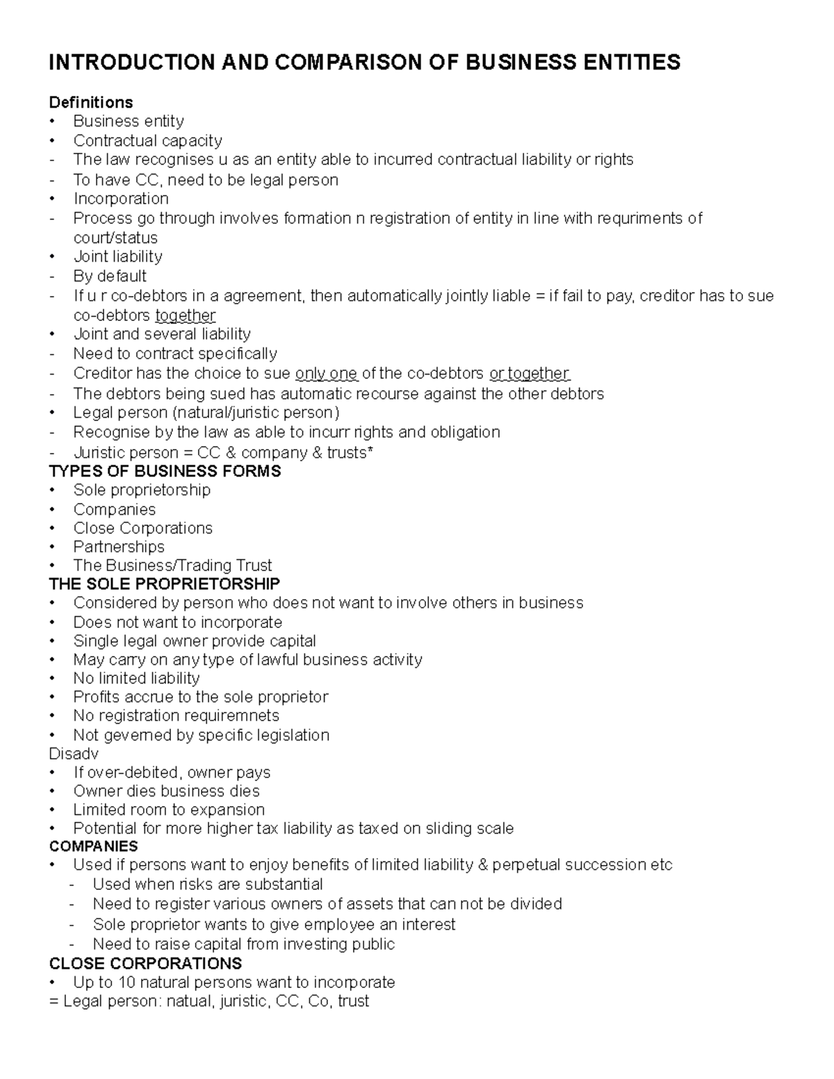CML2001 F - notes - INTRODUCTION AND COMPARISON OF BUSINESS ENTITIES ...