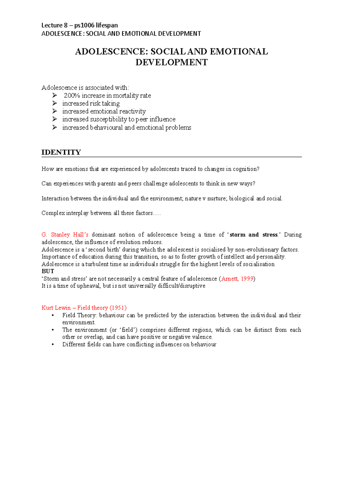 Adolescence: Social and Emotional Development - Lecture 8 – ps1006 ...