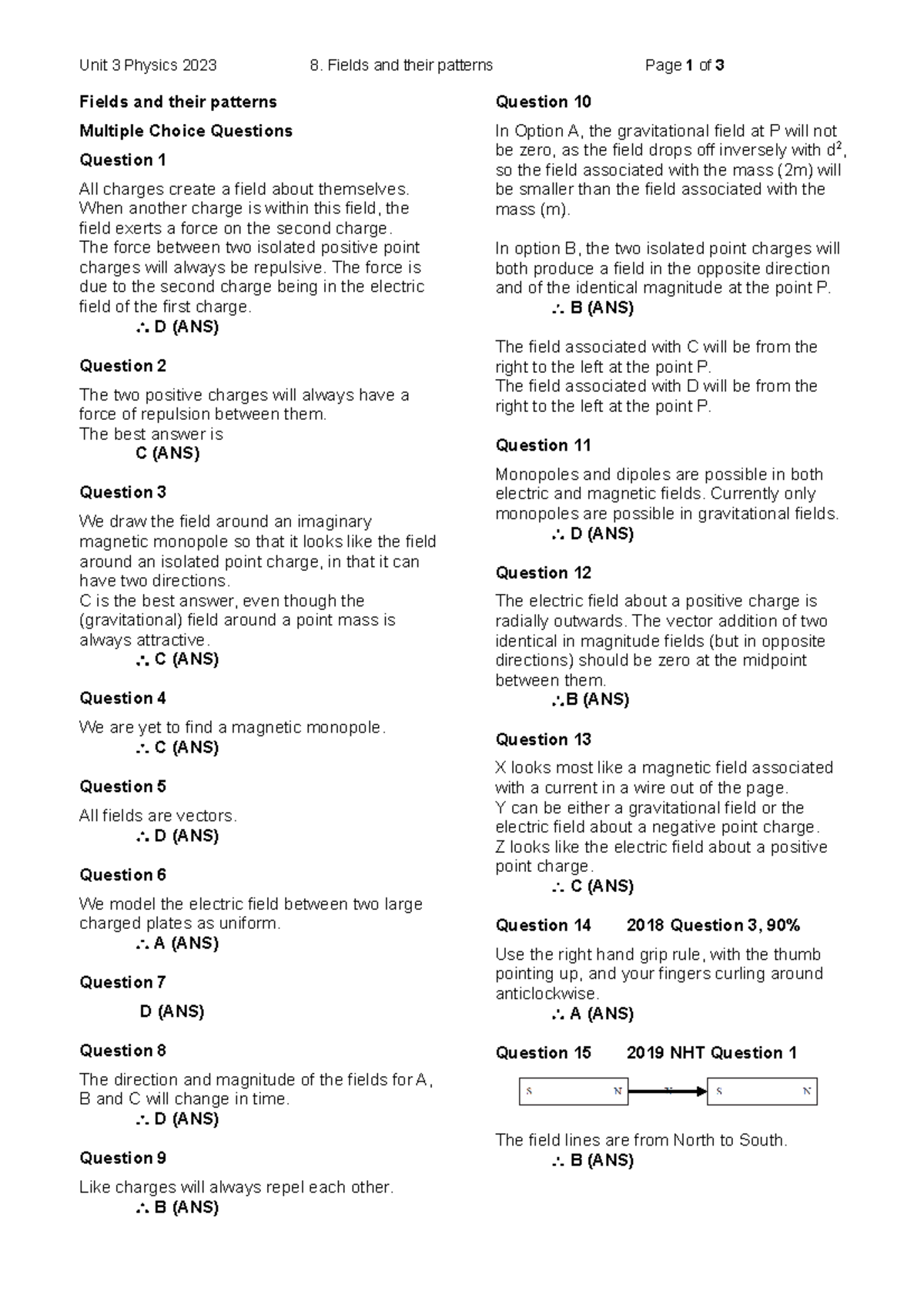 8 Checkpoints Fields and Patterns Solutions - Unit 3 Physics 2023 8. Fields and their patterns ...