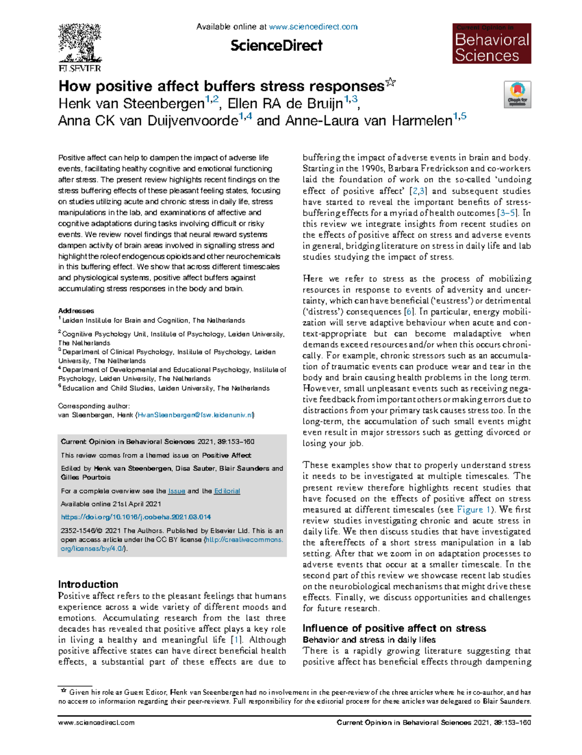 R2 - Reference - How positive affect buffers stress responses $ Henk van Steenbergen 1 , 2 ...