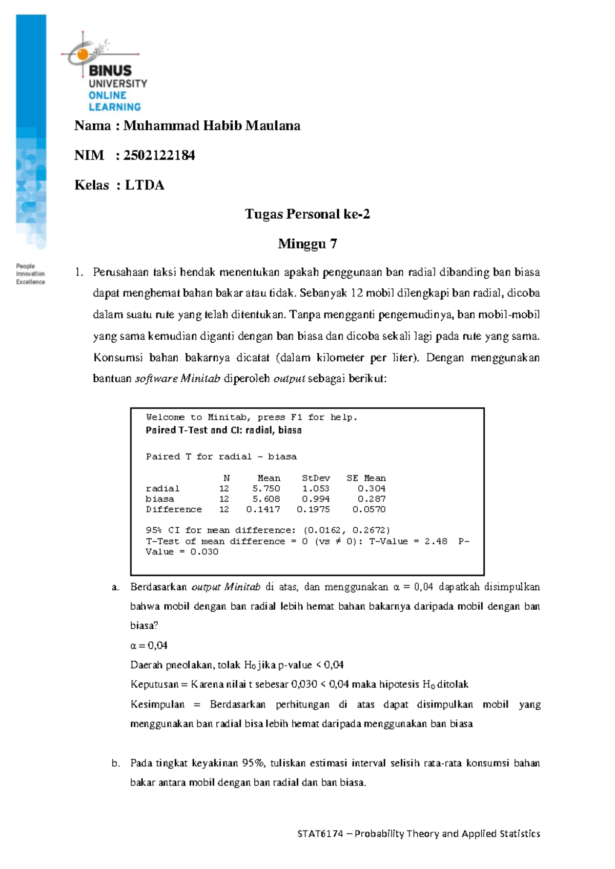 202011 06161624 TP2-W7-S11-R0 - STAT6174 – Probability Theory and Applied Statistics Nama ...